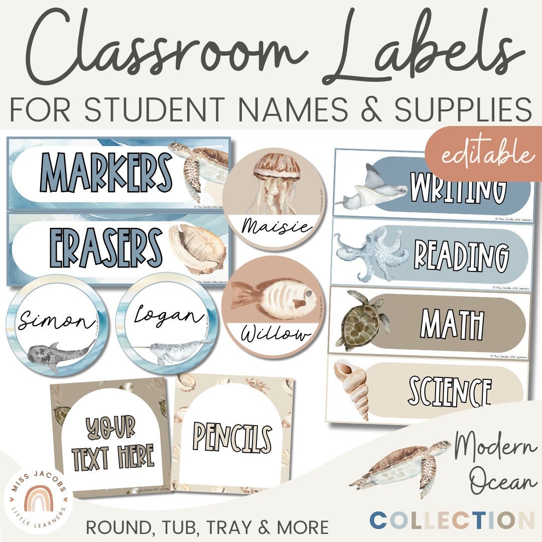 Classroom Supply Labels & Student Name Tags | Modern Ocean Classroom ...