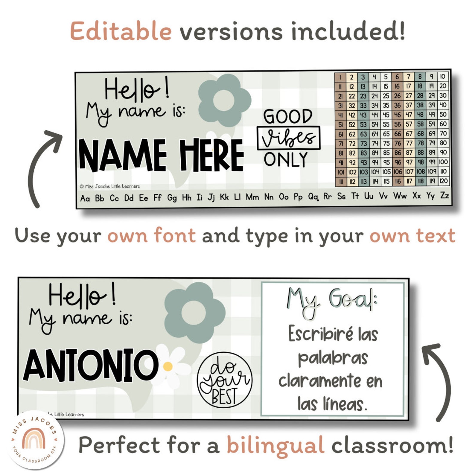 Student Name Tags and Goals Desk Plates | Alphabet and Number Line ...