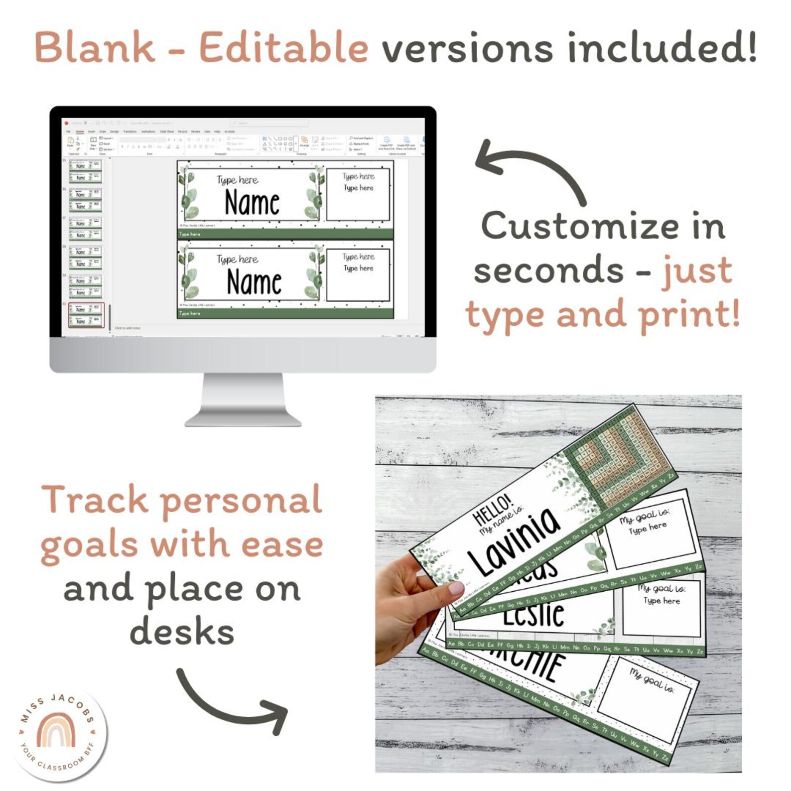 Student Desk Name Tags With Goals, Editable Farmhouse Desk Mats With ...