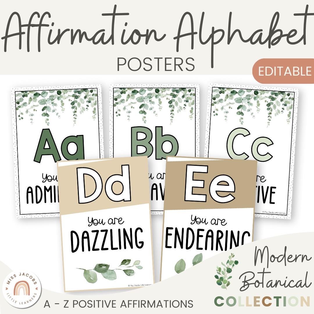 Botanical Affirmation Alphabet Posters, Editable Eucalyptus Alphabet ...