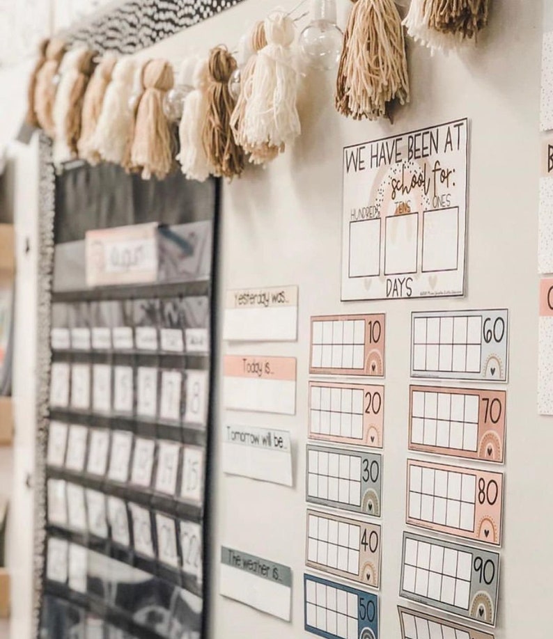 BOHO RAINBOW 100 Days of School Tally | Neutral Rainbow Classroom Decor ...