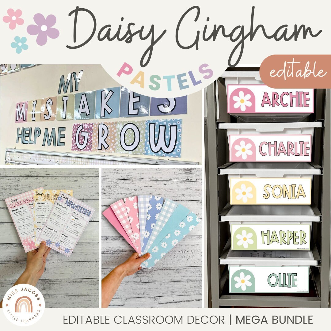 Daisy Gingham Pastels Classroom Decor Bundle Muted Rainbow Theme ...