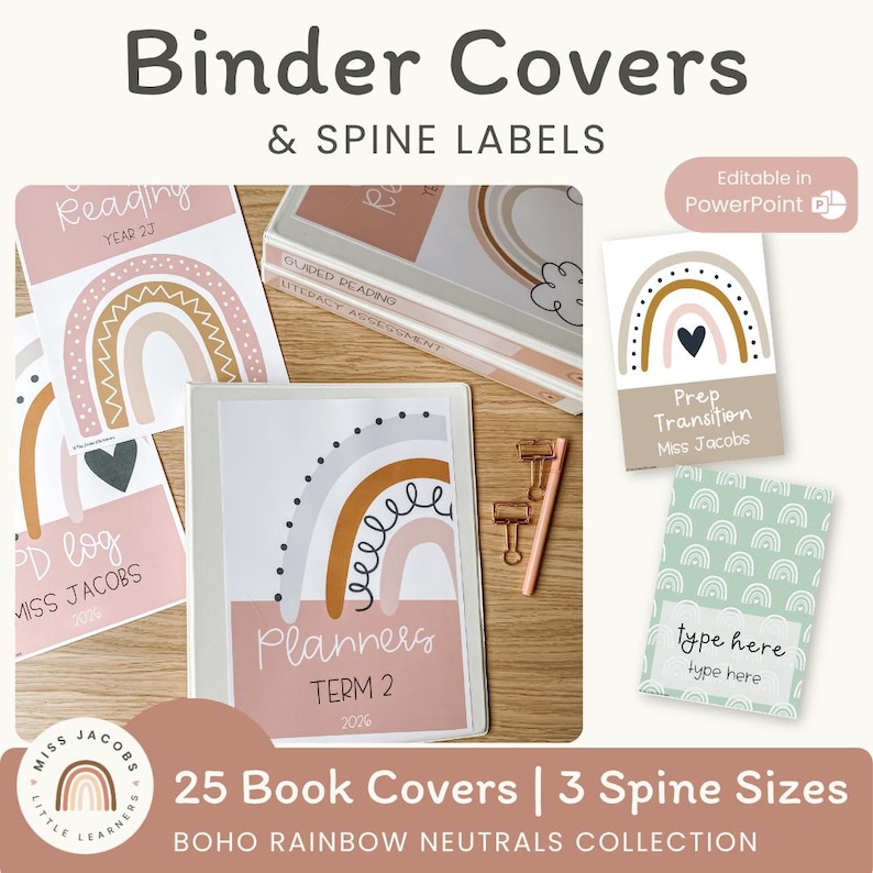 BOHO RAINBOW Binder Covers and Spines | Editable | Neutral Rainbow ...