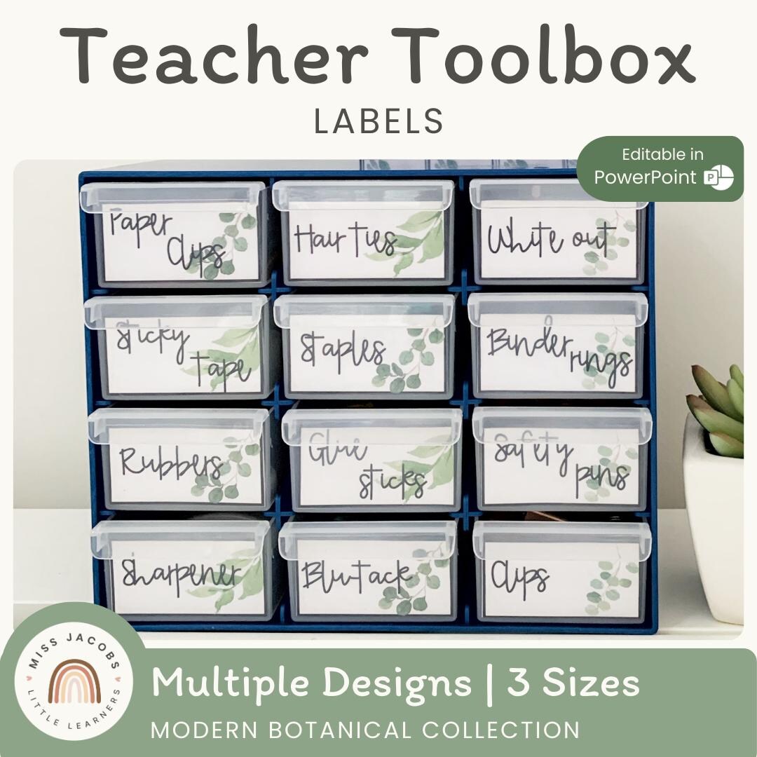Editable Teacher Toolbox Labels, Eucalyptus Classroom Theme Drawer ...