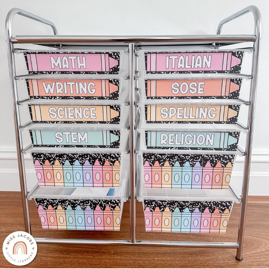 Cutesy Teacher Rolling Cart Editable Labels, Back to School 10 - 12 ...