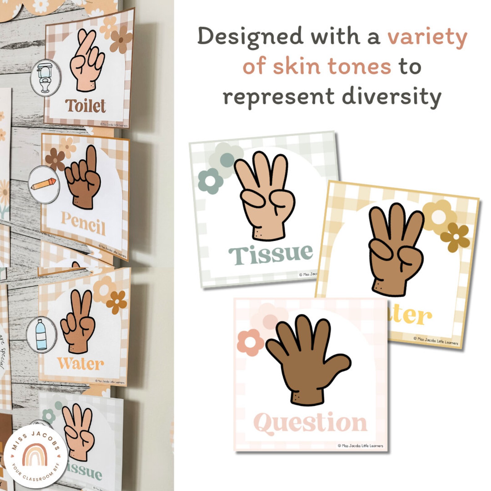 Hand Signals | Daisy Gingham Neutrals Classroom Decor - Etsy