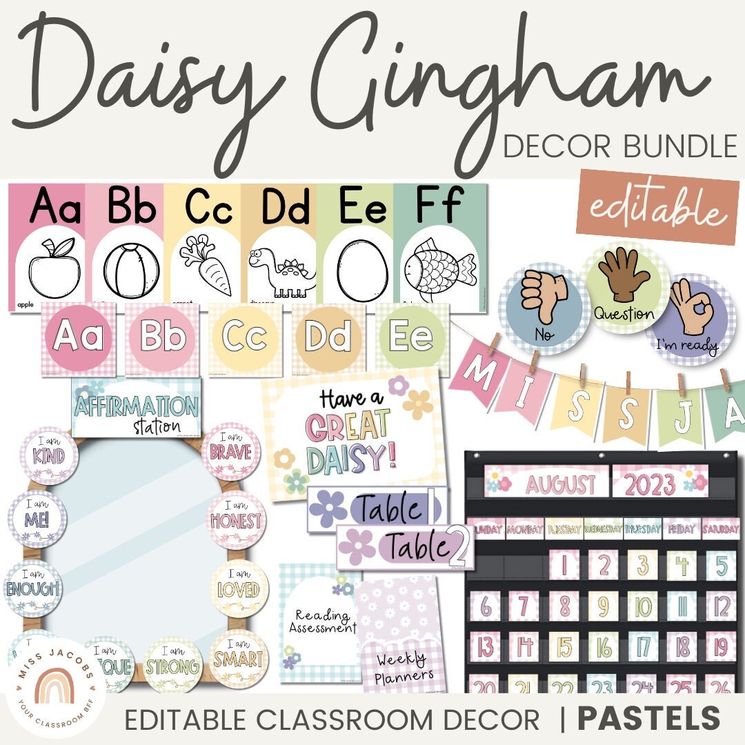 Daisy Gingham Pastels Classroom Decor Bundle Muted Rainbow - Etsy