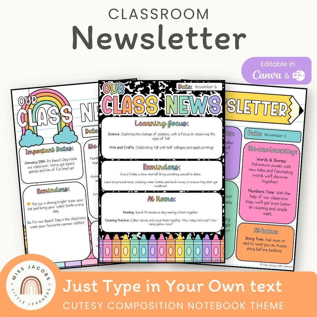 Cutesy Newsletter Templates, Editable Classroom Monthly Weekly ...