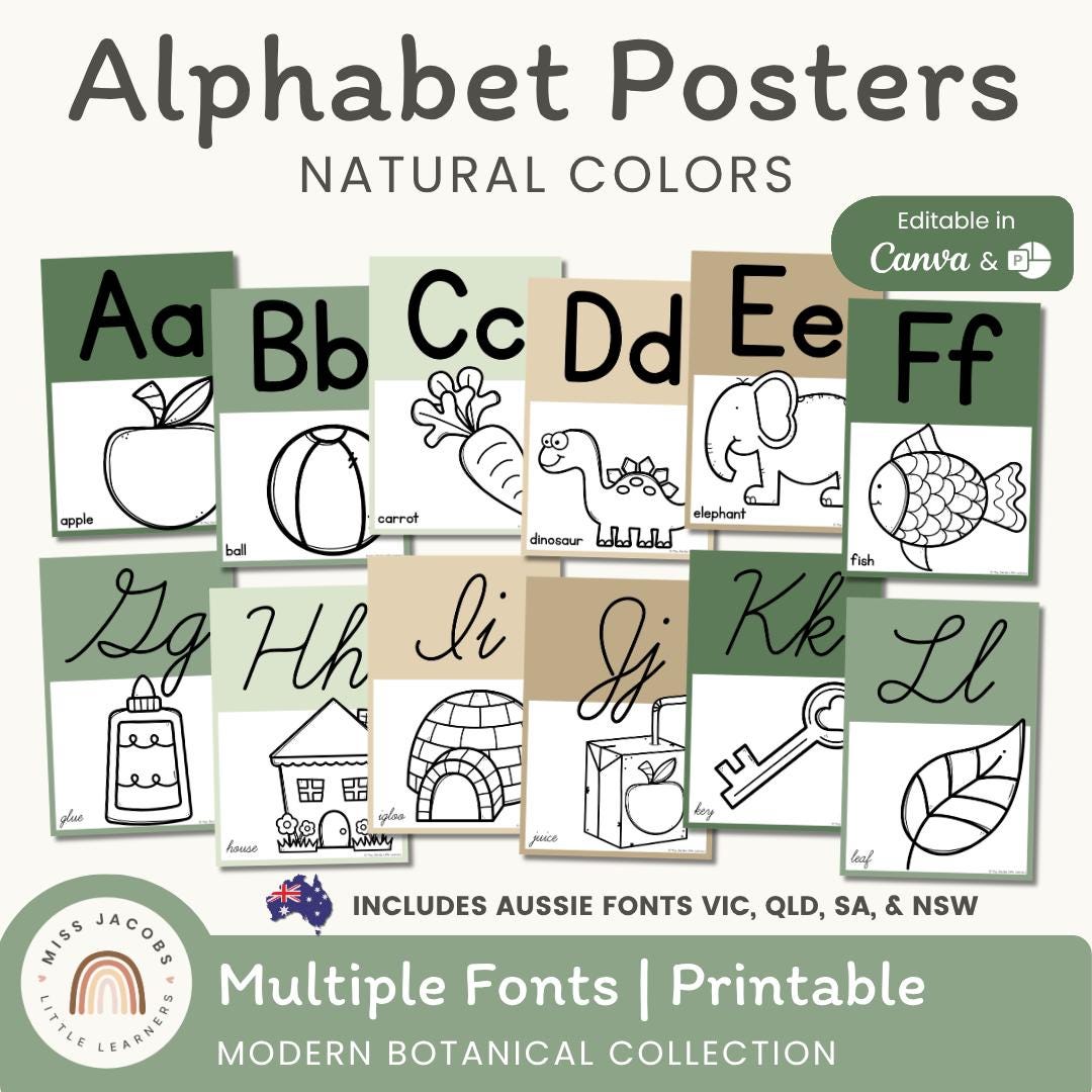 Botanical Alphabet Posters in Natural Colors, Printable Modern Earthy ...