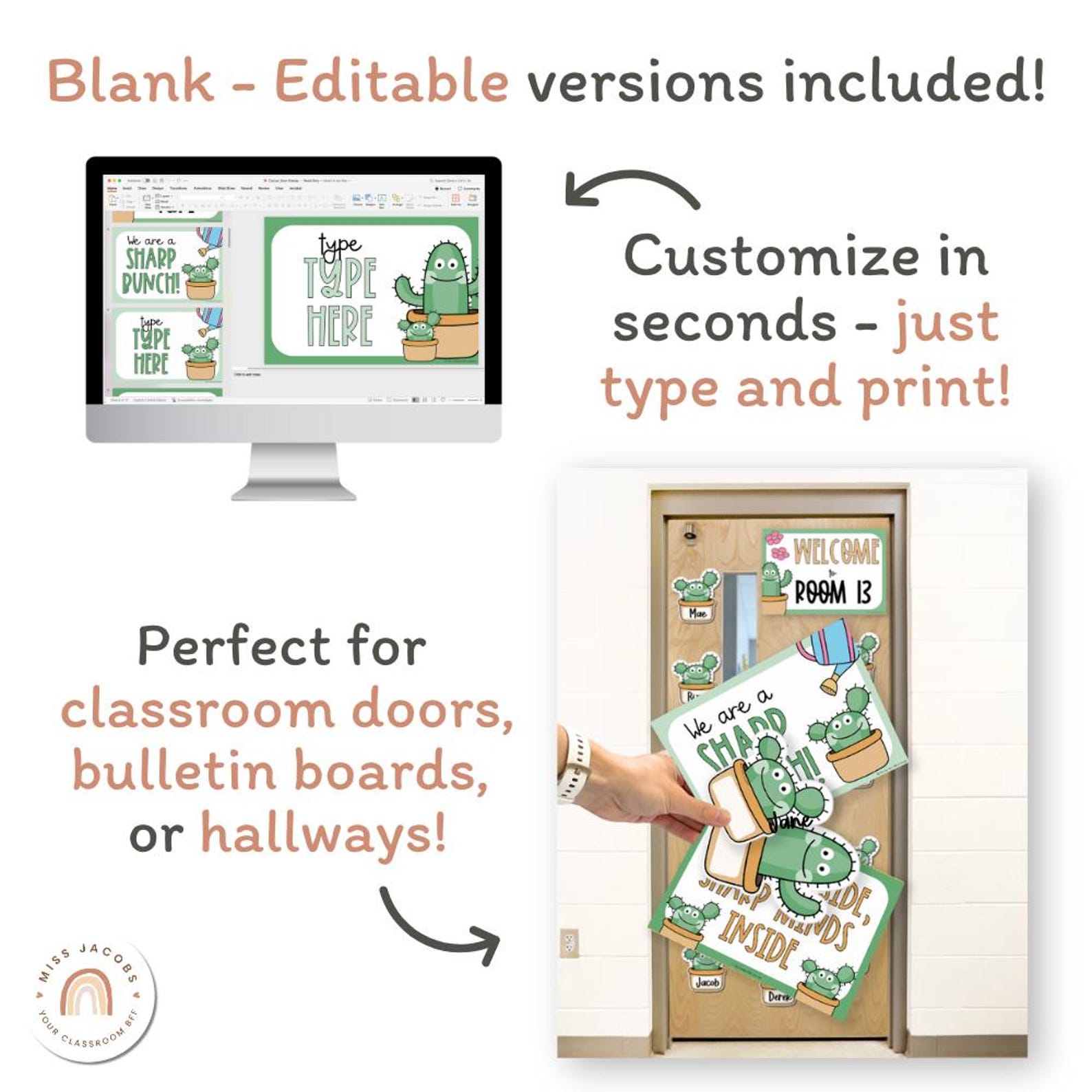 Succulent Cactus Door Display, Editable Welcome Sign and Name Tags ...