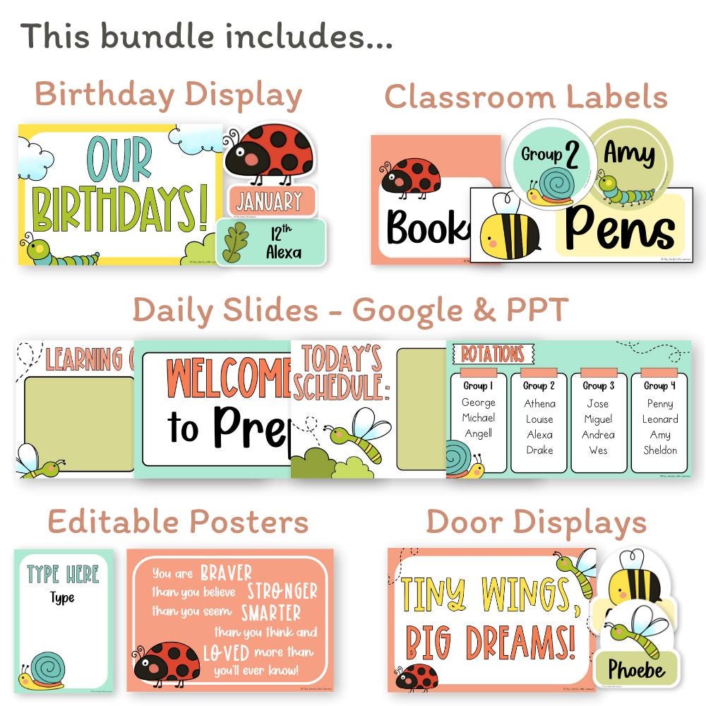 Insects Theme Classroom Decor Bundle, Editable Spring Bugs Set Teacher ...