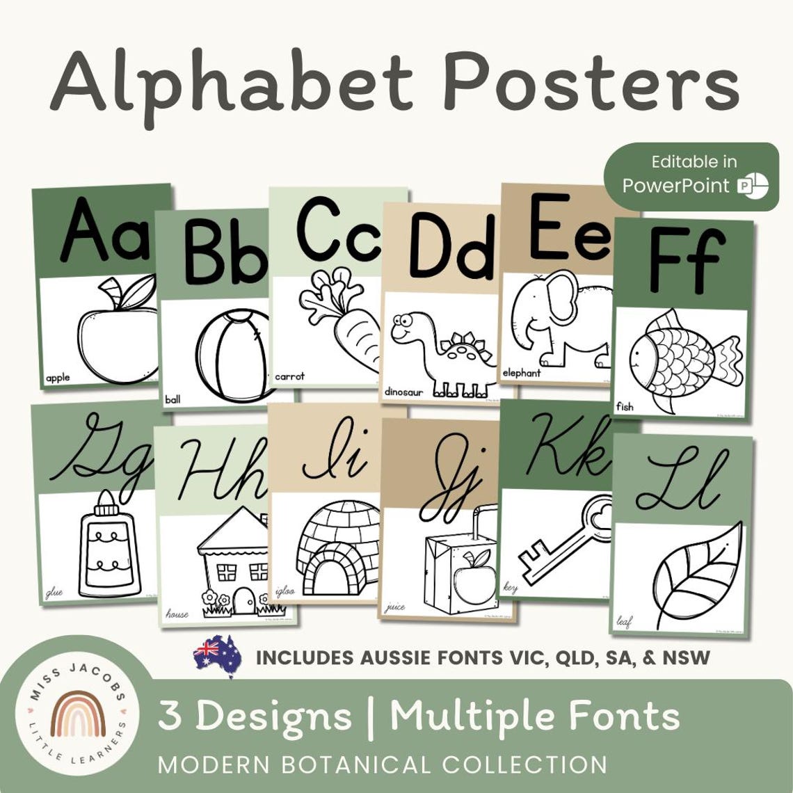 Botanical Alphabet Posters in Natural Colors, Printable Modern Earthy ...