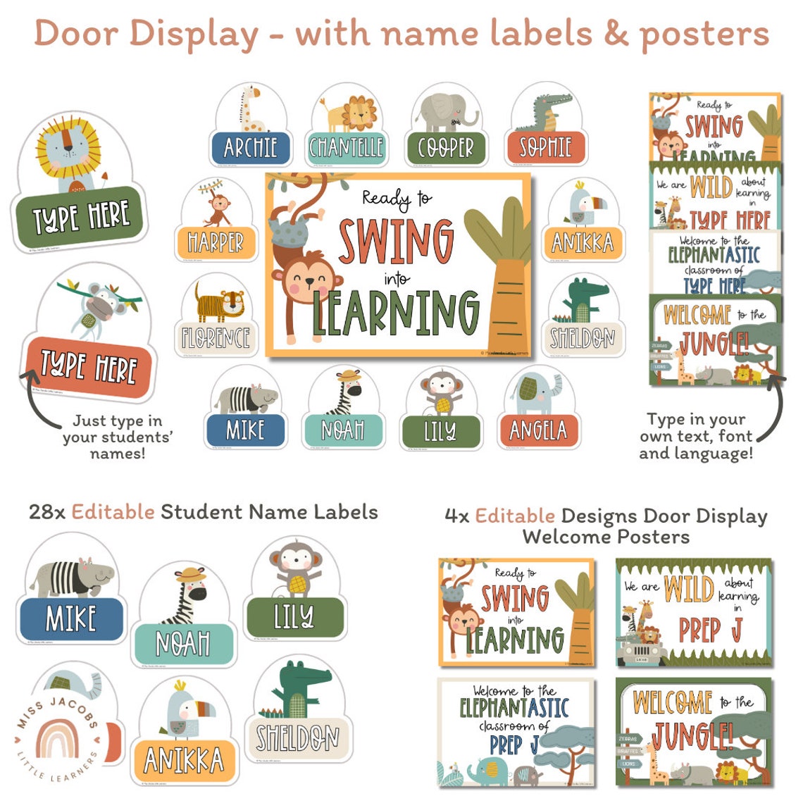 Cute Jungle Animals Classroom Labels Bundle | Editable Student Name ...