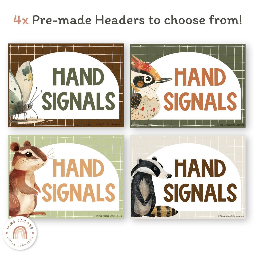 Woodland Hand Signals Posters, Neutral Printable Hand Signs, Classroom ...
