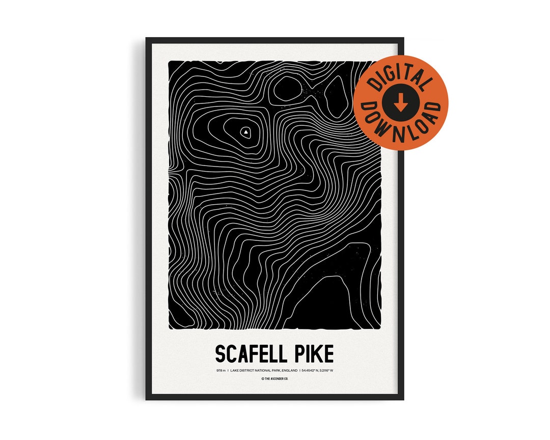 Scafell Pike, Topographic Art Print, Graphic Poster, Woodcut Style ...