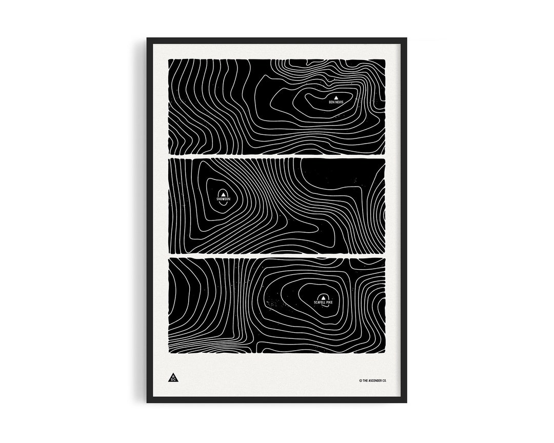 Three Peaks, Topographic Art Print, Graphic Poster, Woodcut Style, A4 ...