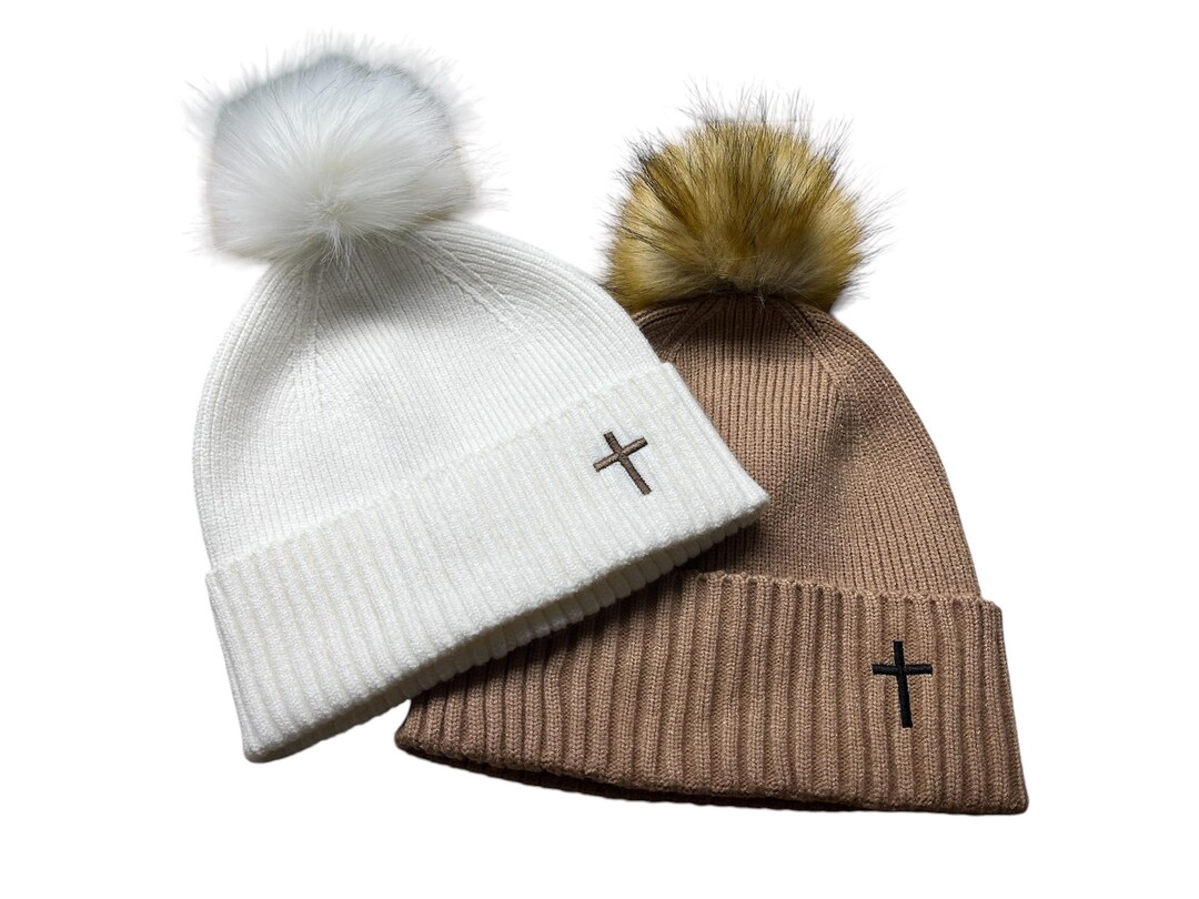 Cross Beanie, Christian Pom Pom Beanie, Faith Based Winter Hat, Ladies ...