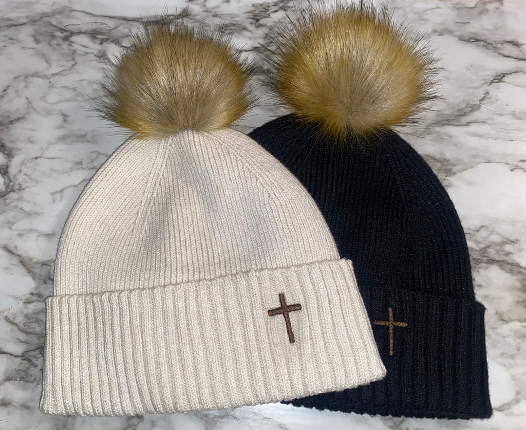 Cross Beanie, Christian Pom Pom Beanie, Faith Based Winter Hat, Ladies ...