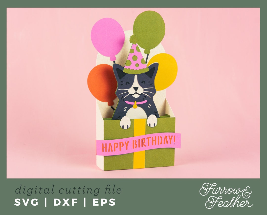 Tarjeta de gato feliz cumpleaños / Tarjeta emergente SVG / 3D Papercut ...