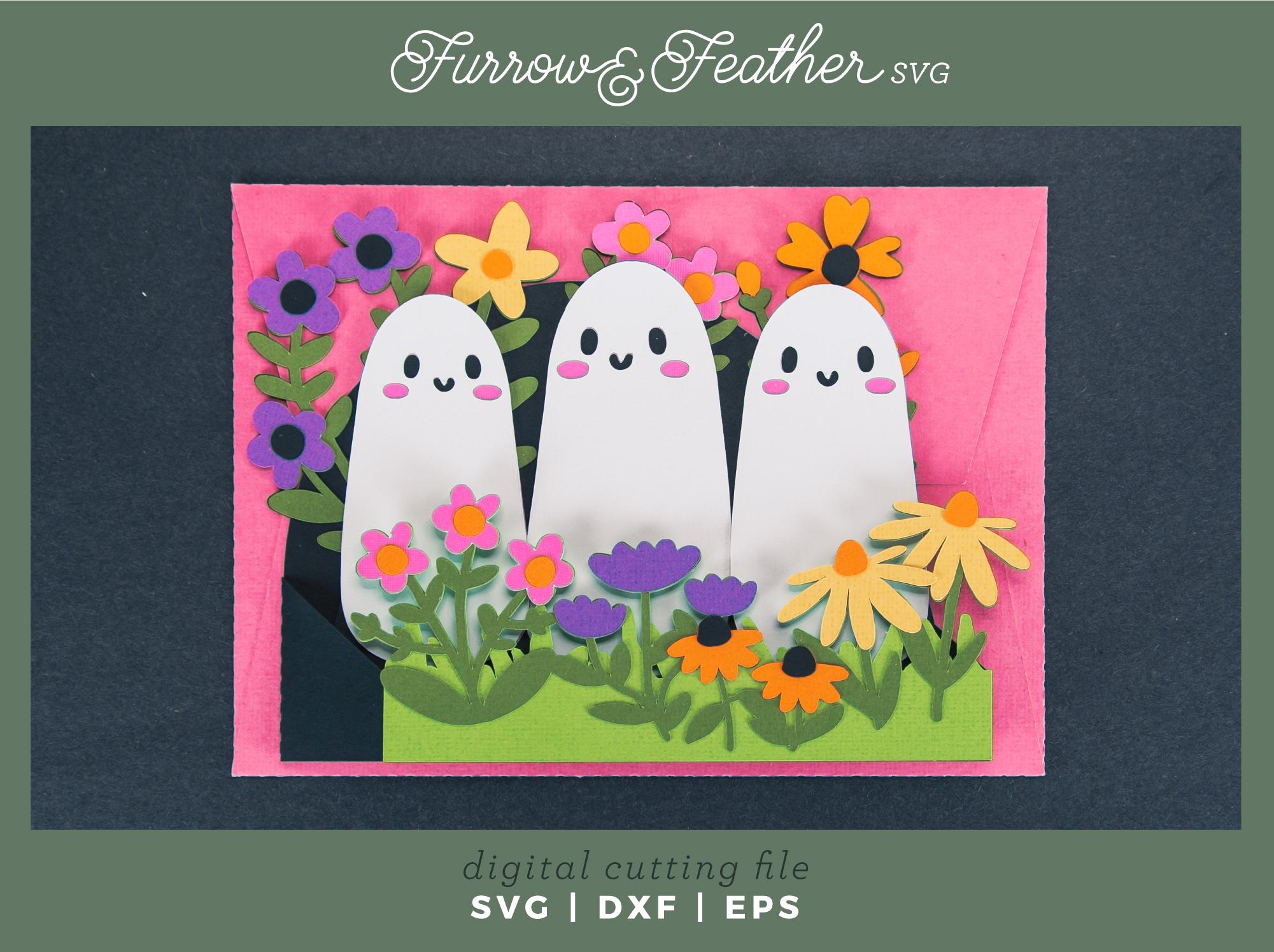 Cute Ghosts in Flowers Card Template | Halloween Card SVG | DIY Cricut ...