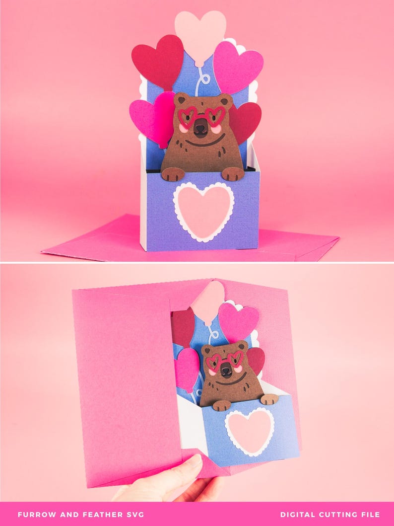 Bear With Heart Balloons Card SVG: 3D Valentine's Day Card Cut File ...