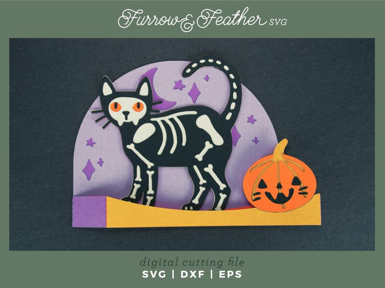 Skeleton Kitty Halloween Card SVG: 3D Papercut Cricut Silhouette File ...