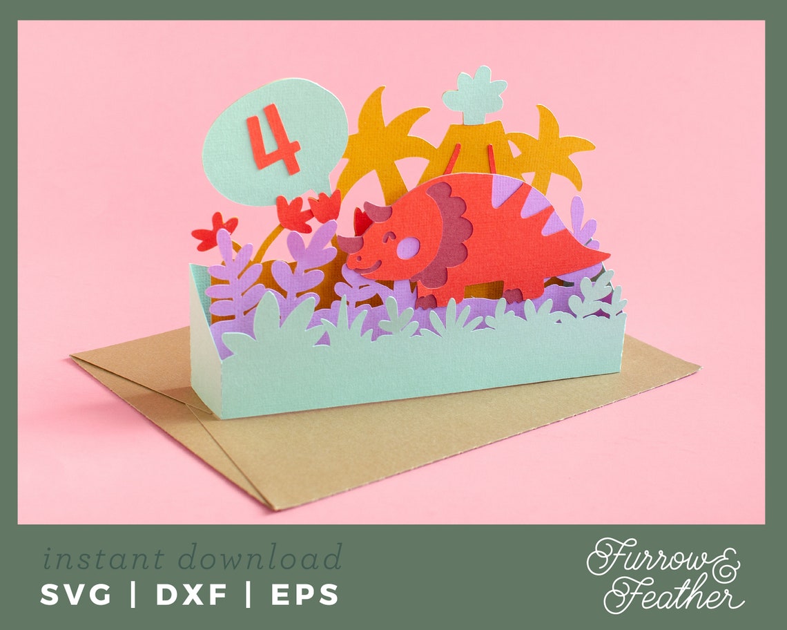Dinosaur Pop up Box Birthday Card Template 3D Papercut SVG | Etsy