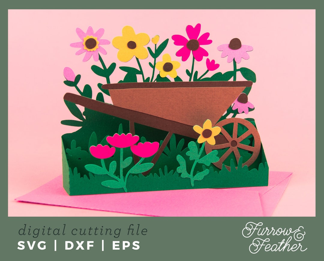 Spring Wildflower Garden Wheelbarrow Box Card Template 3D Papercut SVG ...