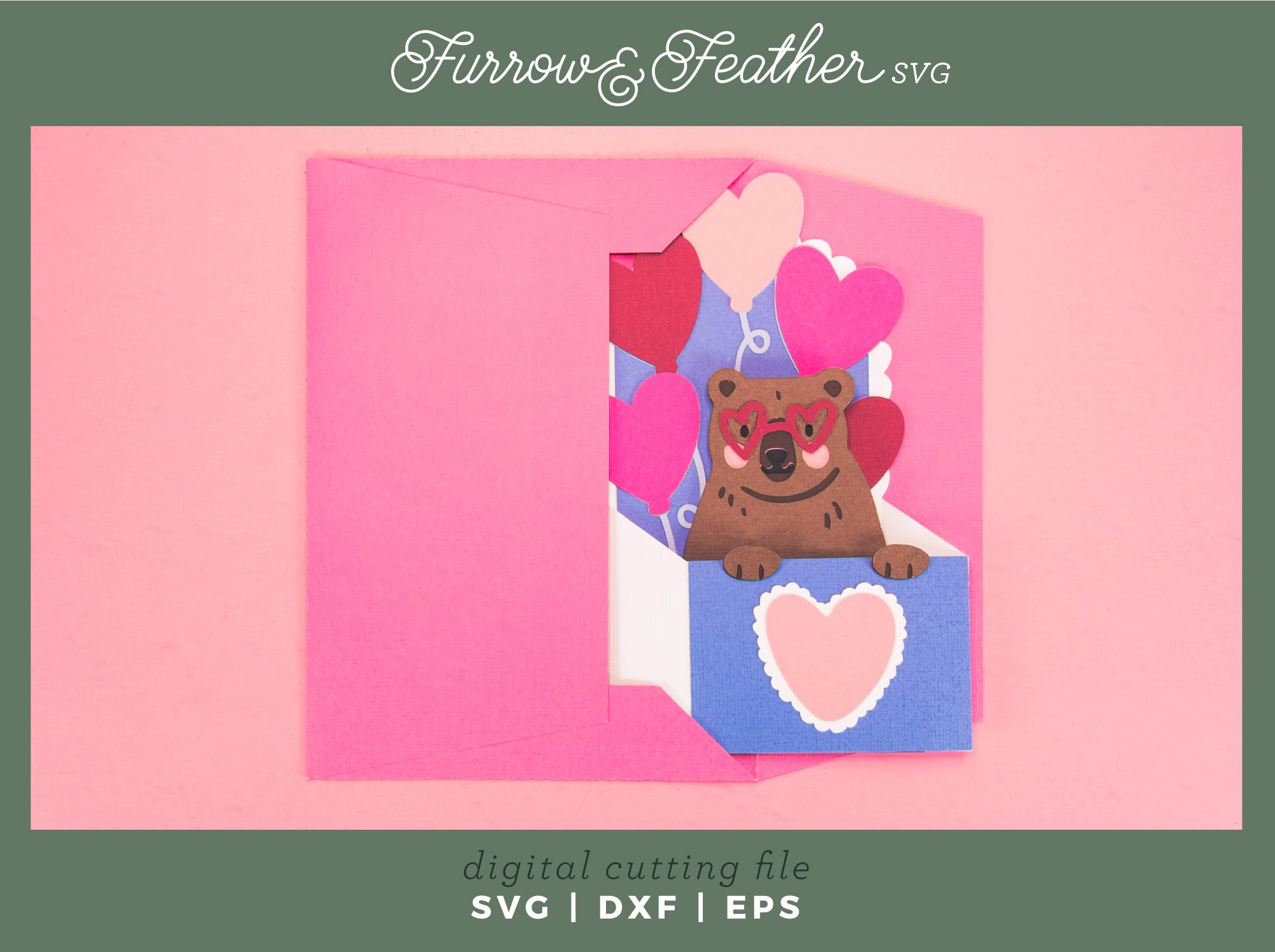 Bear With Heart Balloons Card SVG: 3D Valentine's Day Card Cut File ...