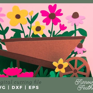 Spring Wildflower Garden Wheelbarrow Box Card Template 3D Papercut SVG ...