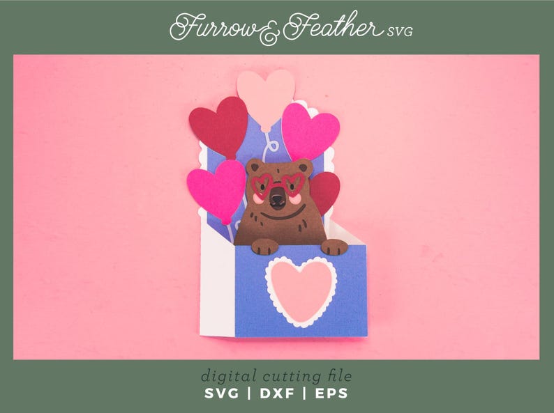 Bear With Heart Balloons Card SVG: 3D Valentine's Day Card Cut File ...