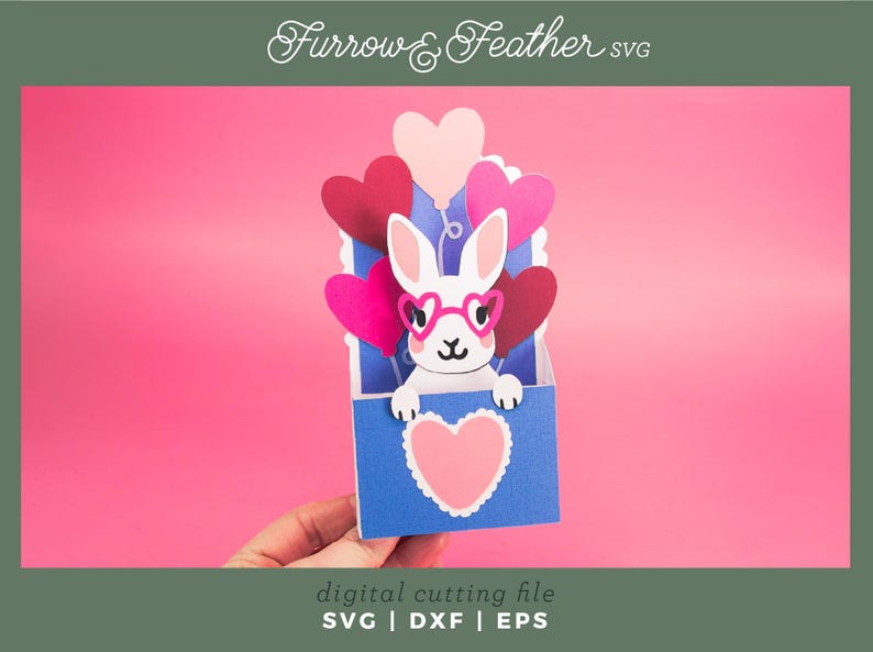 Bunny With Heart Balloons Card SVG: 3D Valentine's Day Card Cut File ...