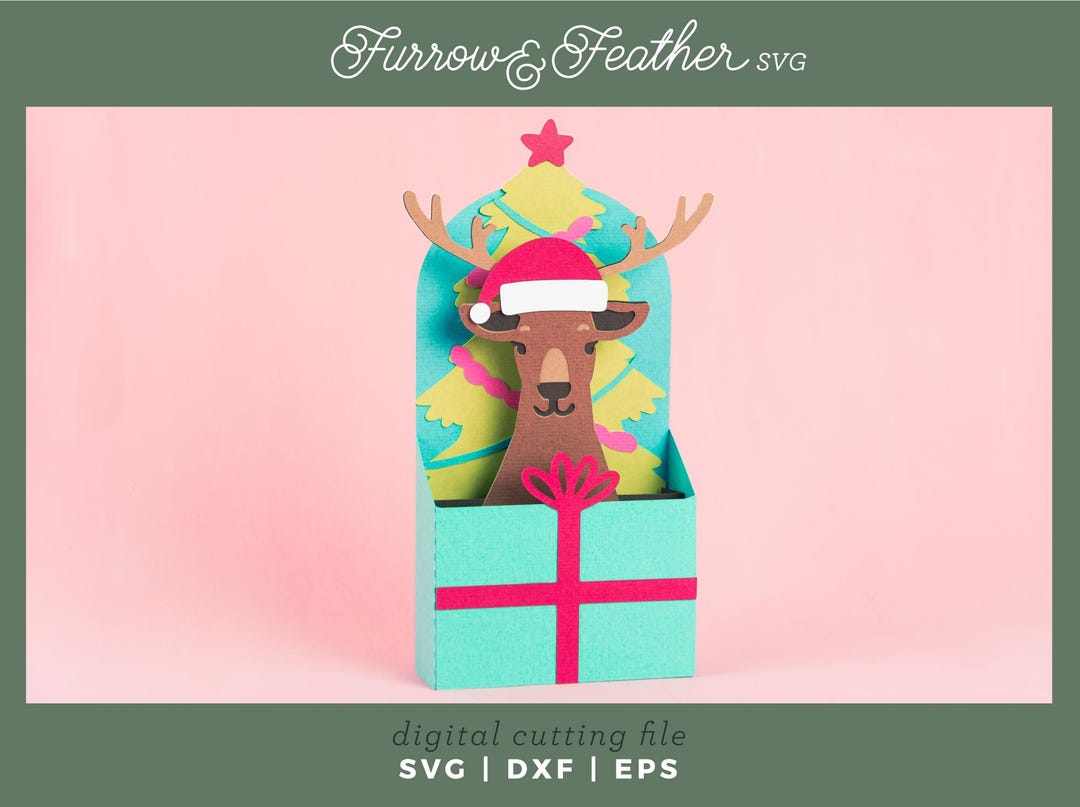 Reindeer Christmas Pop up Card SVG: 3D Papercut Gift Box (digital ...