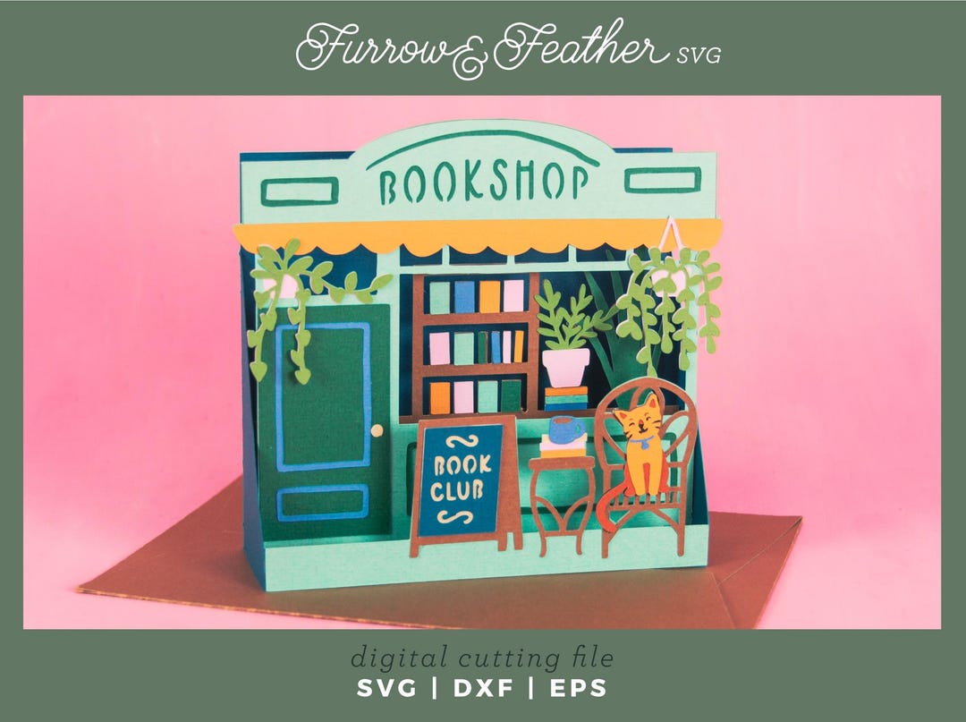 Bookshop Card Cutting File | 3D Pop up Card SVG | 3D Papercut SVG Card ...