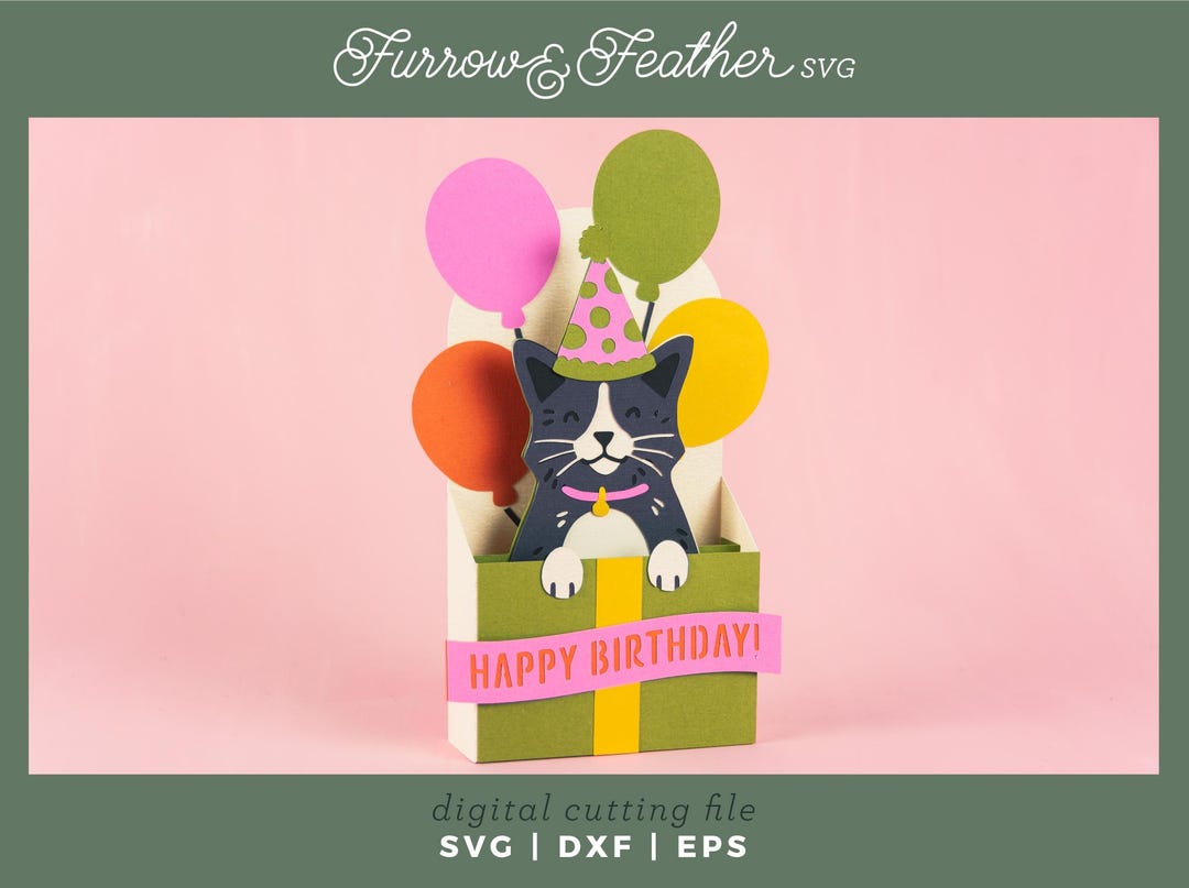 Happy Birthday Cat Pop up Card SVG: 3D Papercut File (digital Download ...