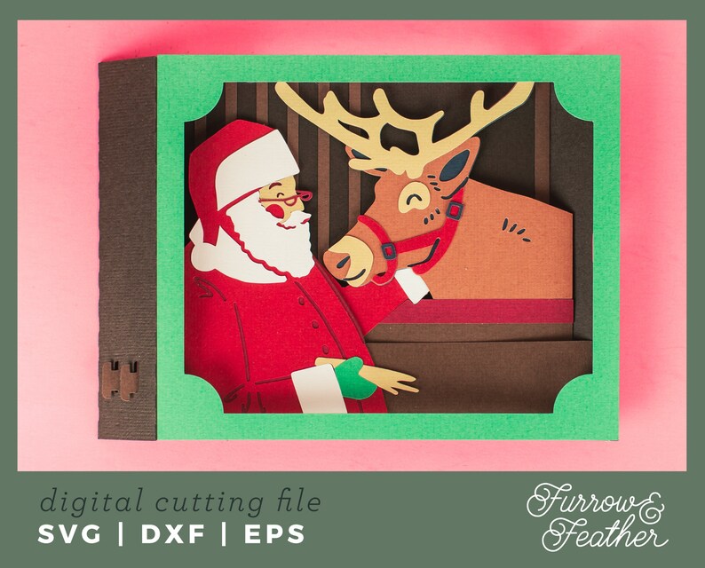 Christmas Santa Reindeer Barn Box Card Template 3D Papercut - Etsy