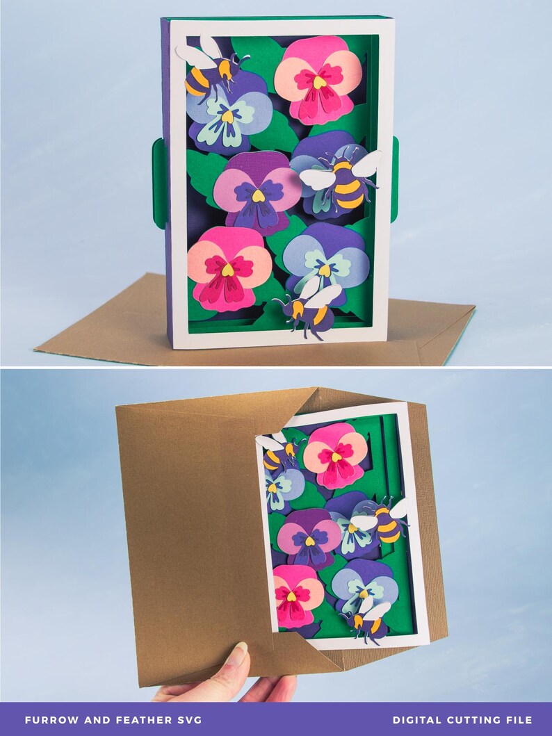 Pansies and Bumblebees 3D Card SVG: Papercut Flower Birthday (digital ...