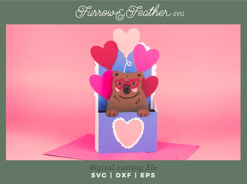 Bear With Heart Balloons Card SVG: 3D Valentine's Day Card Cut File ...
