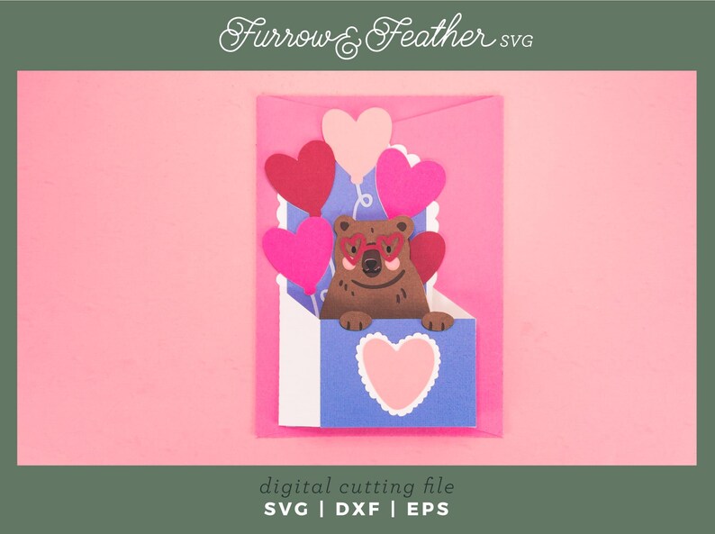 Bear With Heart Balloons Card SVG: 3D Valentine's Day Card Cut File ...