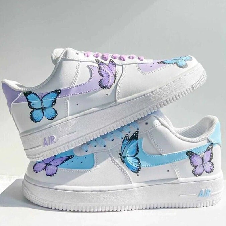 Cute Custome Air Force 1 Blue Butterfly Sneaker Violet Butterfly Shoes ...