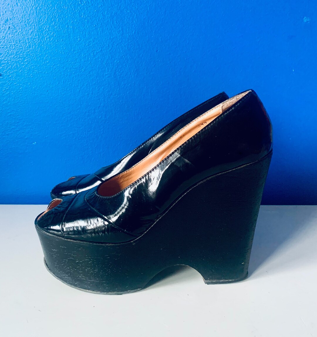 VTG 1970s Black Leather Platform Wooden Wedges - Etsy
