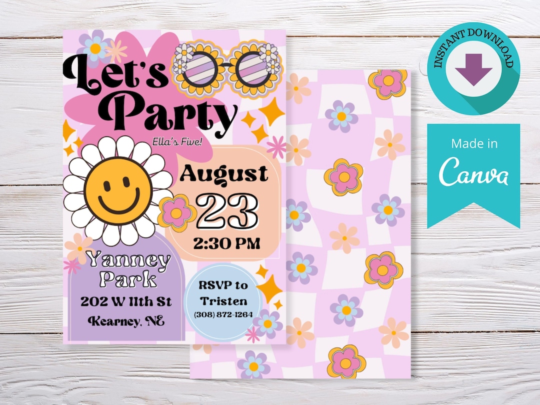 Groovy Girl Birthday Invitation Template: Colorful Kids Party (digital ...