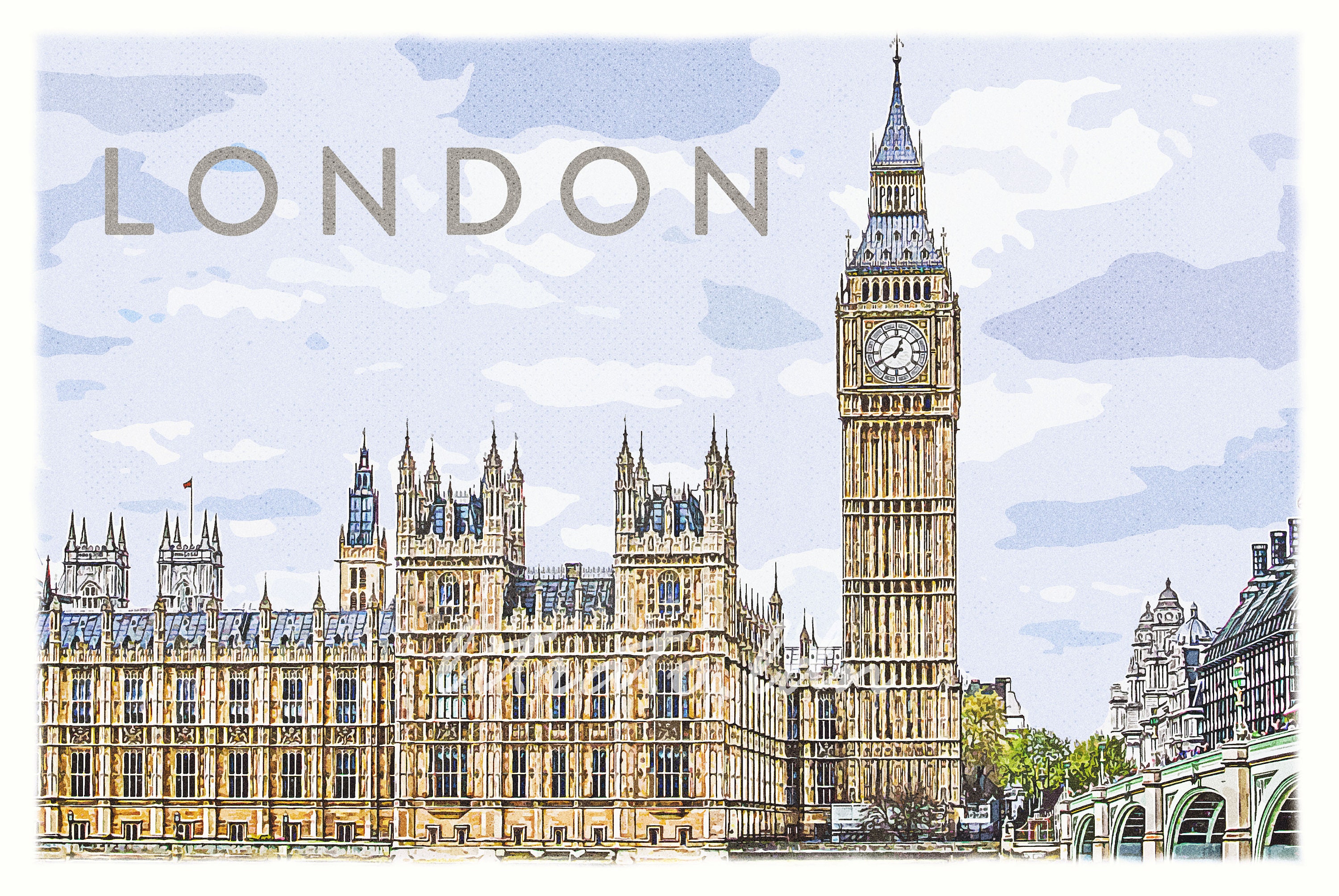 Big Ben Art London Vintage Poster Big Ben Drawing London | Etsy