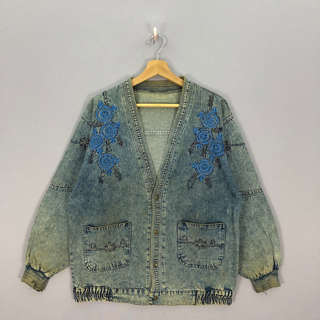 Vintage 90s Japanese Denim Cardigan Medium Japanese Indigo Denim Jeans ...