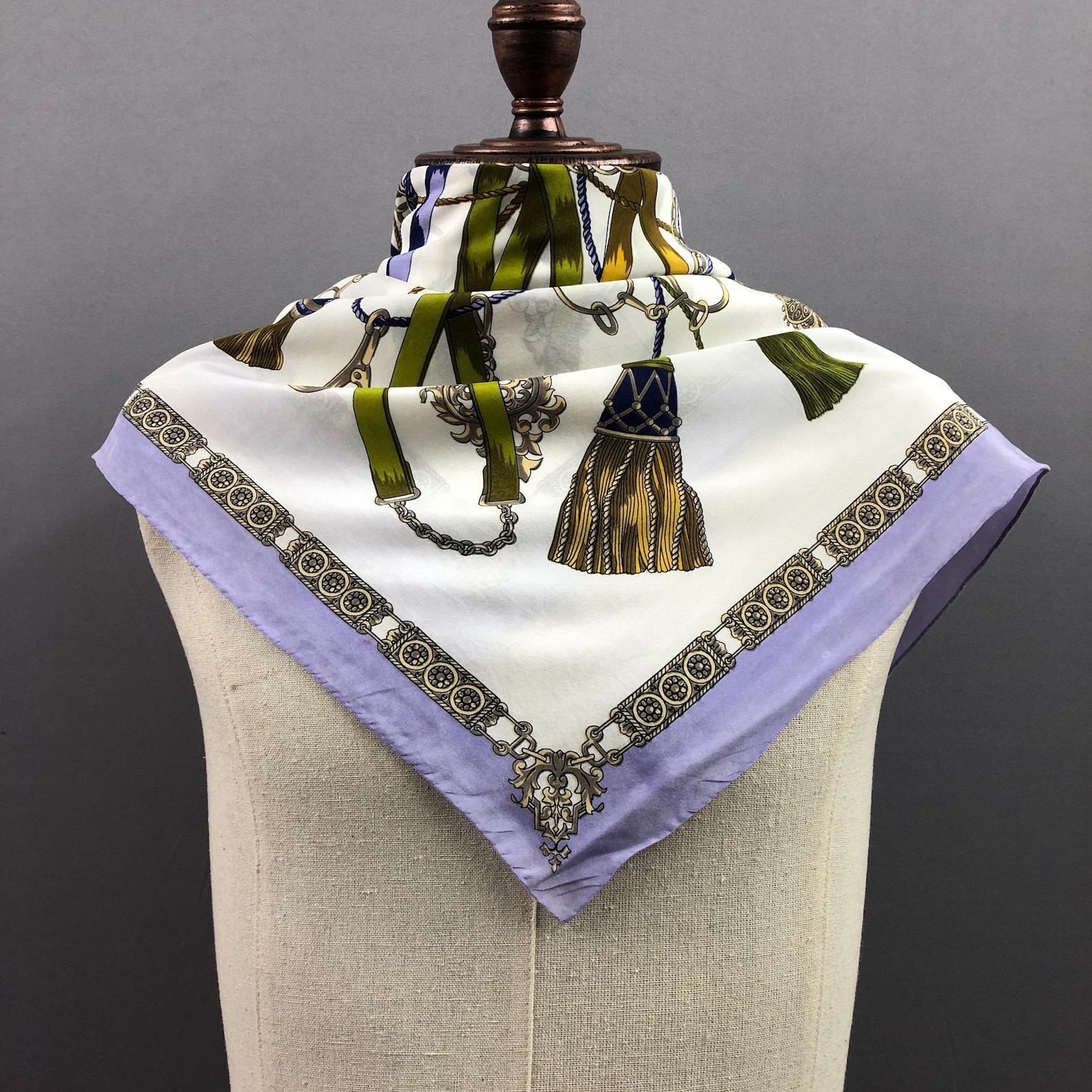 Vintage Tasseled Motif Silk Scarf, Vintage Square Neck Scarf, Vintage ...