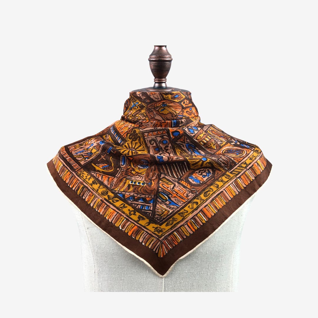 Vintage 90s Egyptian Revival Silk Scarf, Hieroglyphic Bloom Twill Silky ...