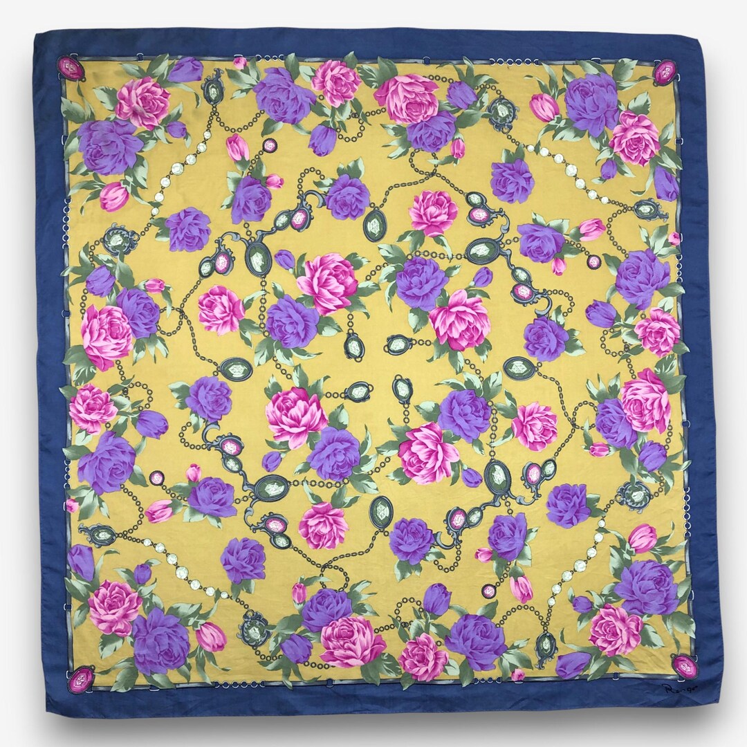 Vintage 90s Geometric Silk Scarf, Rose Garland Cameo Twill Silky ...