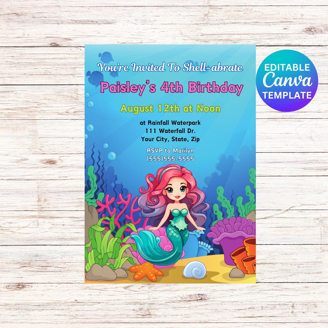 Editable Mermaid Invitation Card Template, Printable Mermaid Birthday ...