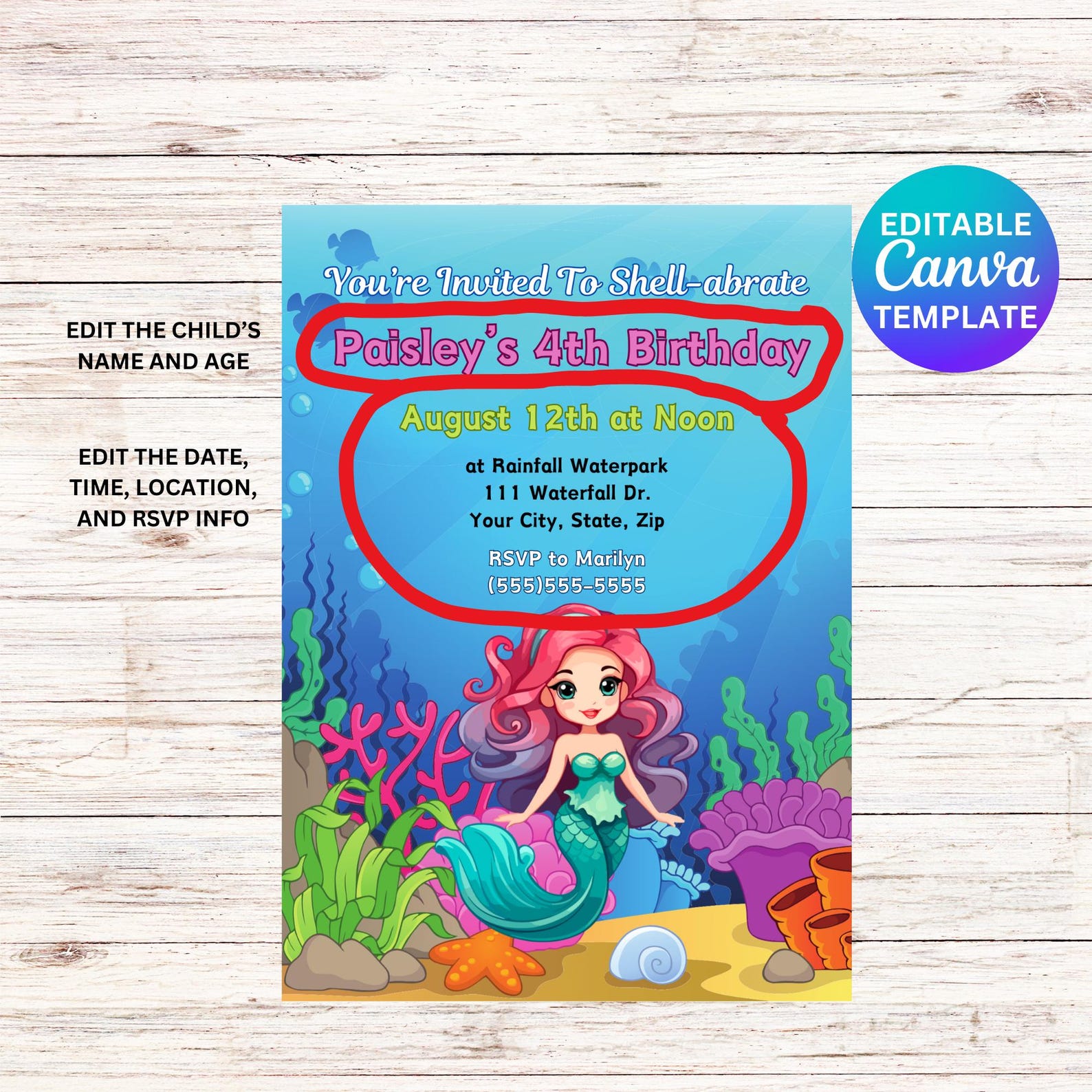 Editable Mermaid Invitation Card Template, Printable Mermaid Birthday ...