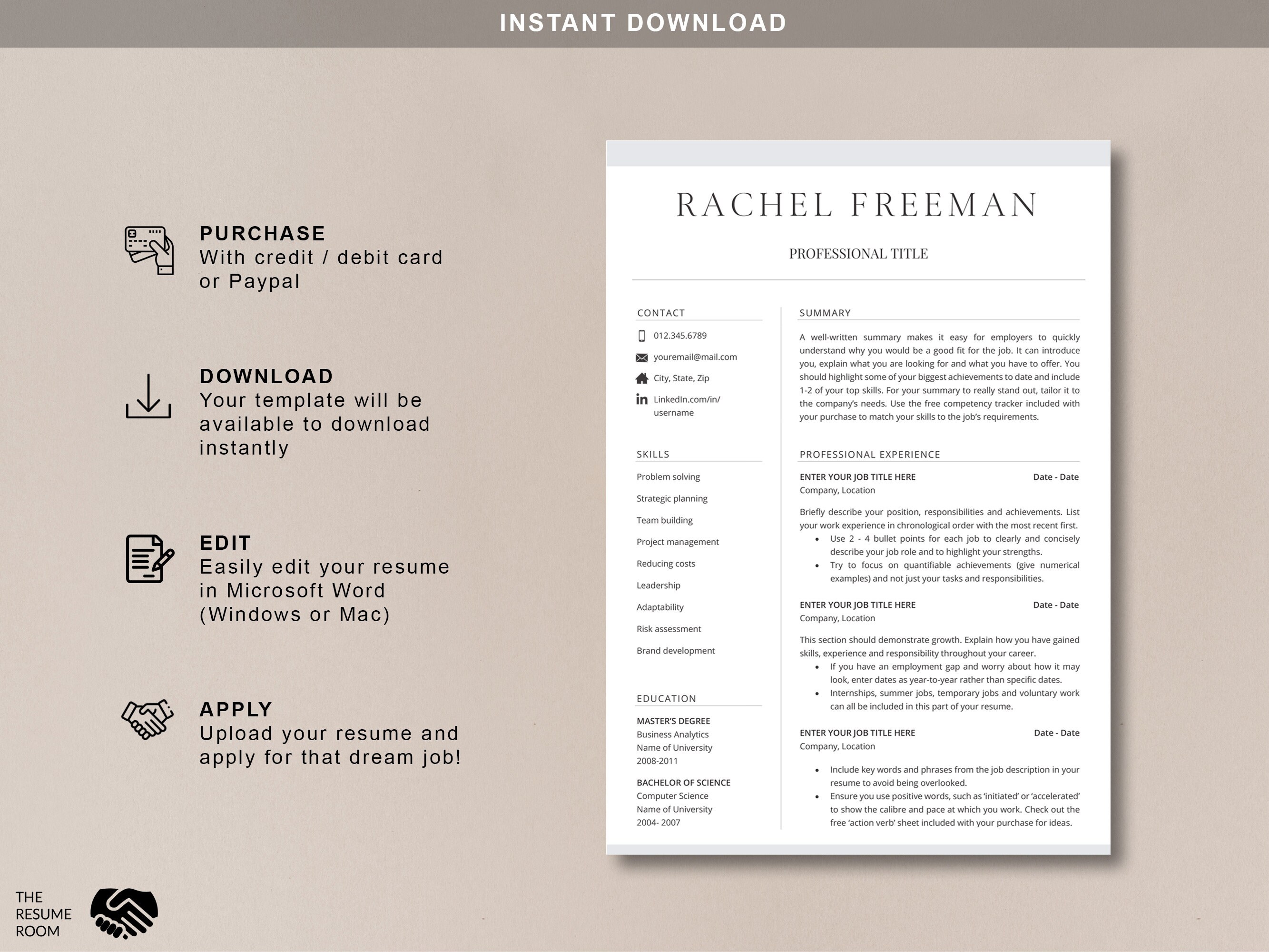 Professional Resume Template for Word | Cover Letter + References ...
